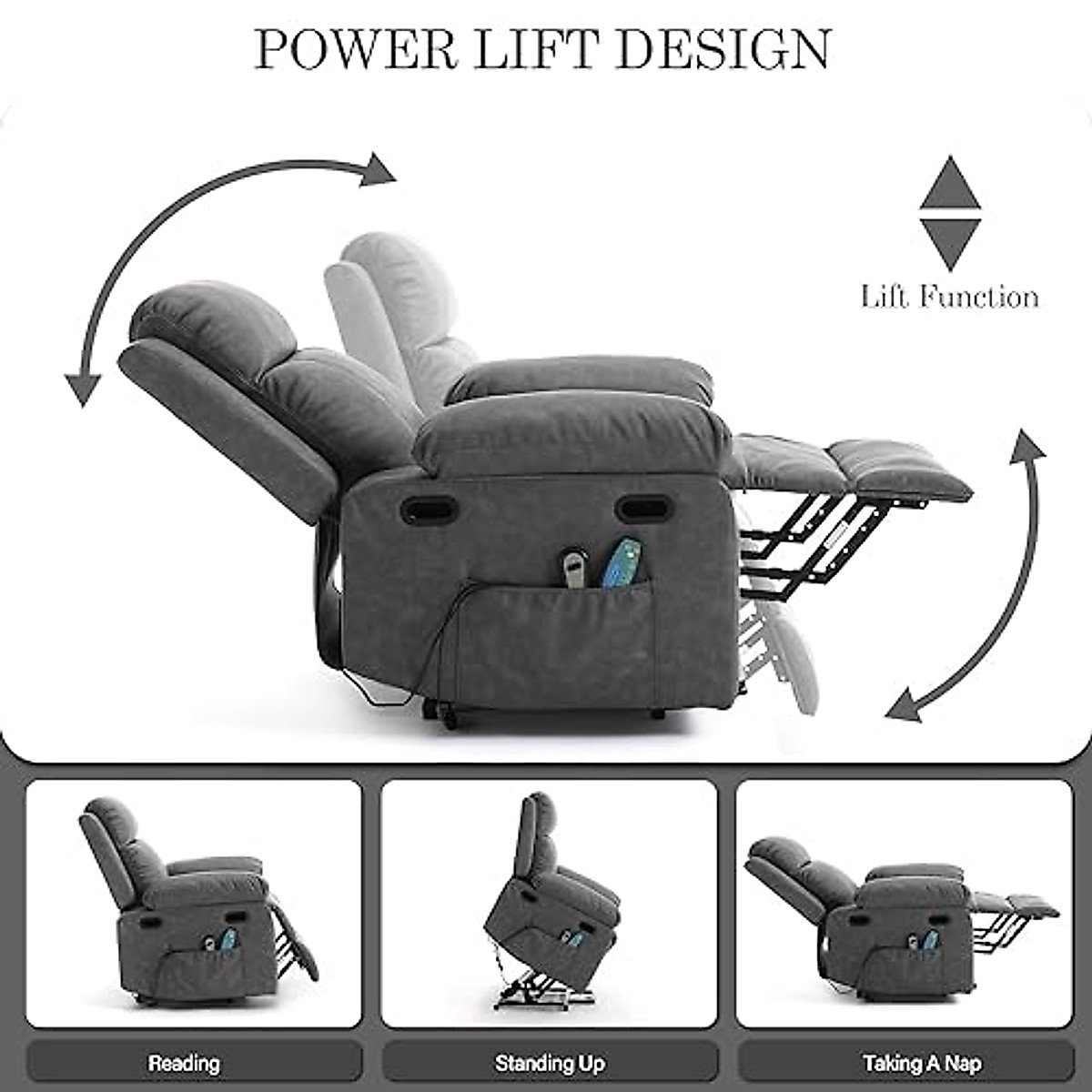 JEEOHEY Recliner Chair, Electric Power Lift Chair,Upholstered PU Leather Massage Chair Recliner Sofa with Heated,Adjustable Modern Reclining Chair for Elderly Adults(Grey)