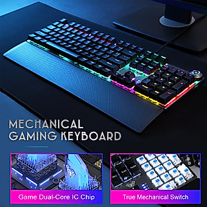 AULA Mechanical Gaming Keyboard Blue Switches,Rainbow LED Backlit,Ergonomic Wrist Rest,Aluminum Base,Full Size 108 Keys Anti-Ghosting,Macro Programmable Computer Keyboard Wired for PC Laptop