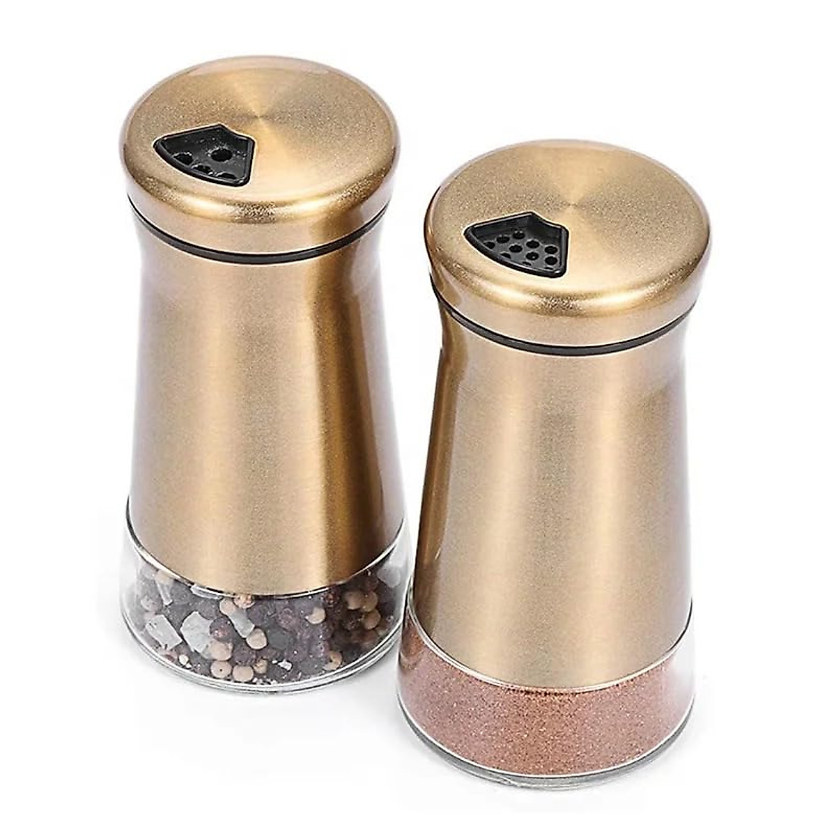 Elegant Copper Gold Salt and Pepper Shaker Set Adjustable Stainless Steel and Glass Modern Design Adjustable Top Makes it the ideal Spice and Seasoning Dispenser Kitchen Sugar and Cinnamon Shakers