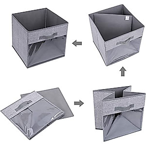 DIMJ Cube Storage Bins, 3 Packs Clear Window Fabric Storage Bin Organizer for Closet Shelves Home Storage Cubes Organizer with Handles