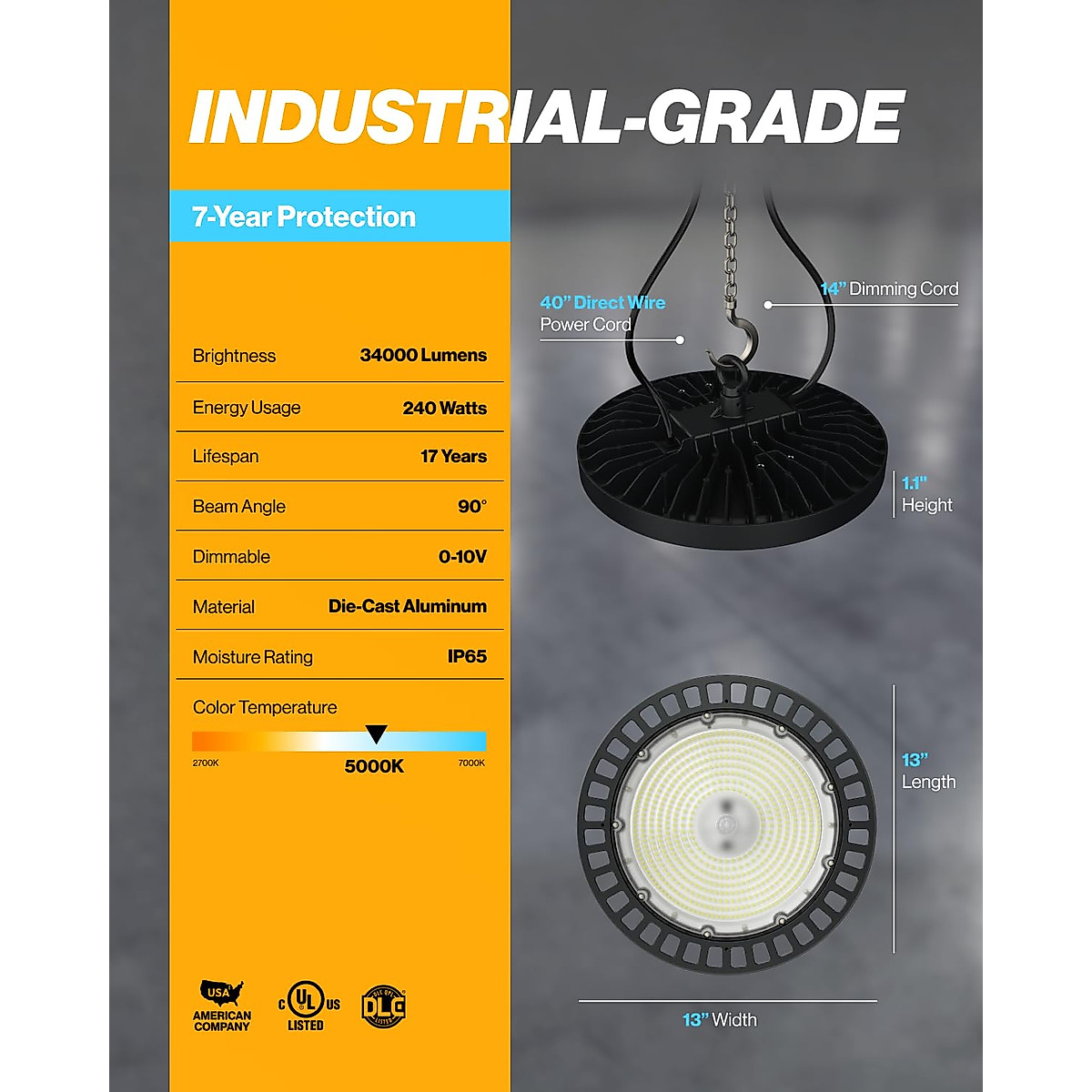 Sunco UFO LED High Bay Light, Lighting for Warehouse, 5000K Daylight, 240W, 34800 LM, 100-277V, Dimmable 0-10V, IP65 Waterproof Weatherproof, Super Bright, UL 2 Pack