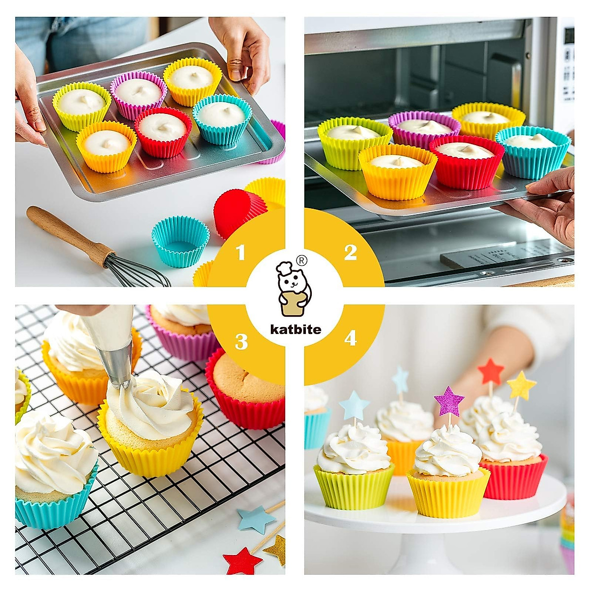 Katbite Reusable Silicone Baking Cups 24 Pack - Non-stick Muffin Cupcake Liners Set, Thick & Heavy Duty Cupcake Molds - Perfect for Party Halloween Christmas Bakery Supplies, Multicolor