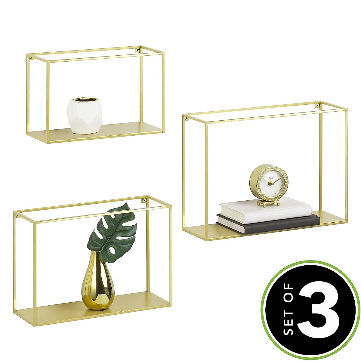 mDesign Floating Wall Mounted Frames, Decorative Steel Metal Geometric Rectangle Display for Photos, Plants, Nesting Cube Shadow Shelf Box for Living Room, Bedroom, Bathroom, Set of 3, Soft Brass