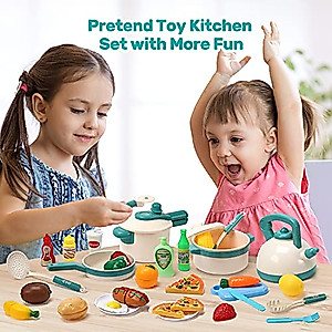 CUTE STONE 40PCS Kids Play Kitchen Accessories, Play Cooking Toys with Pots and Pans, Cutting Play Food Set and Cookware Utensils Kids Kitchen Playset for Boys Girls