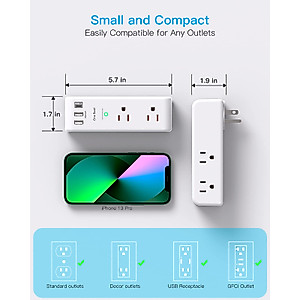 Surge Protector Outlet Extender - with Rotating Plug, 6 AC Multi Plug Outlet with 3 USB Ports (1 USB C), 1800 Joules, 3-Sided Swivel Power Strip with Spaced Outlet Splitter for Home, Office, Travel