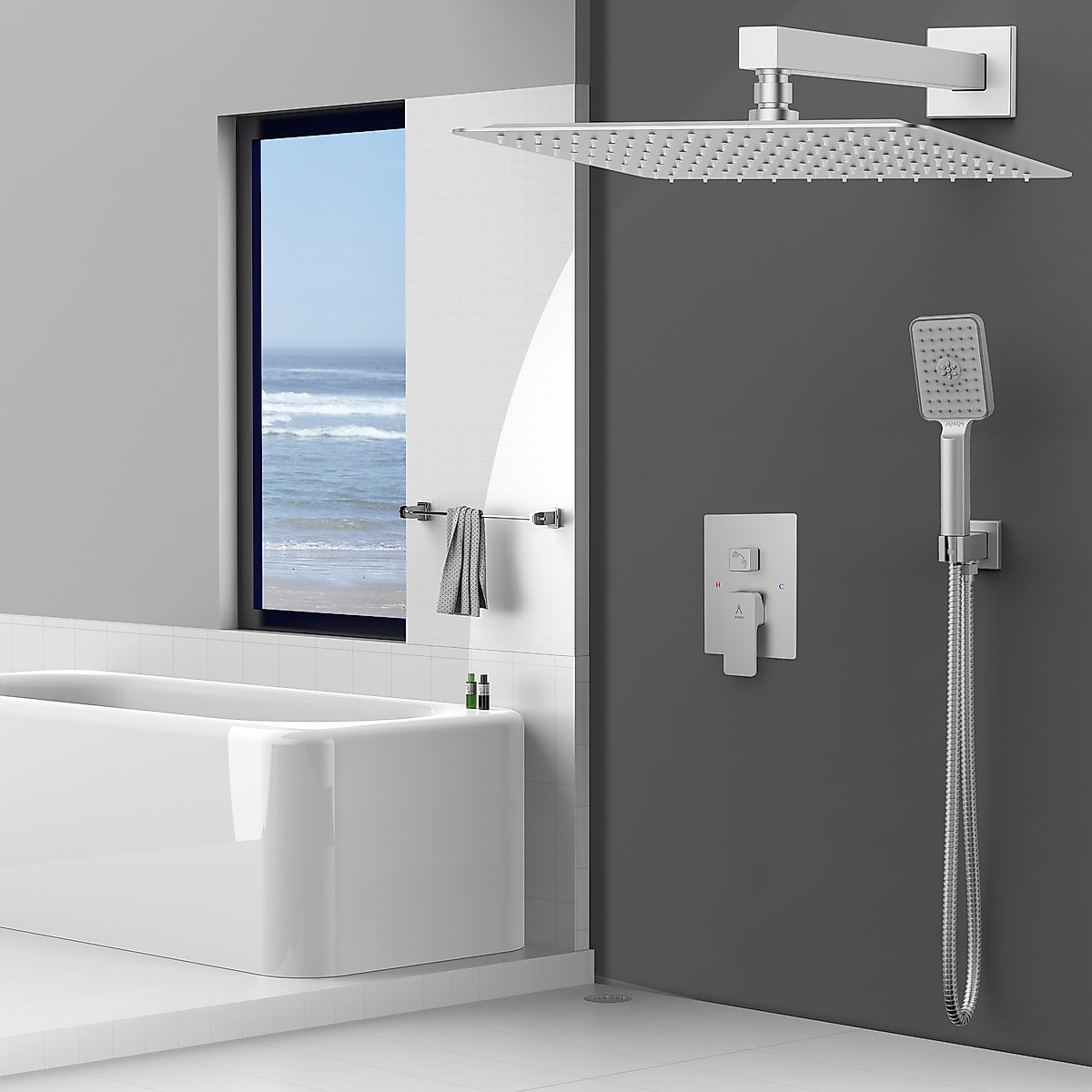 Shower System Modern Rain 12 inches Brass Shower Faucet Set With Valve and Diverter Shower Mixer With Handheld High Pressure Square Rainfall Shower Rough-in Valve (12‘’, Brushed Nickel)