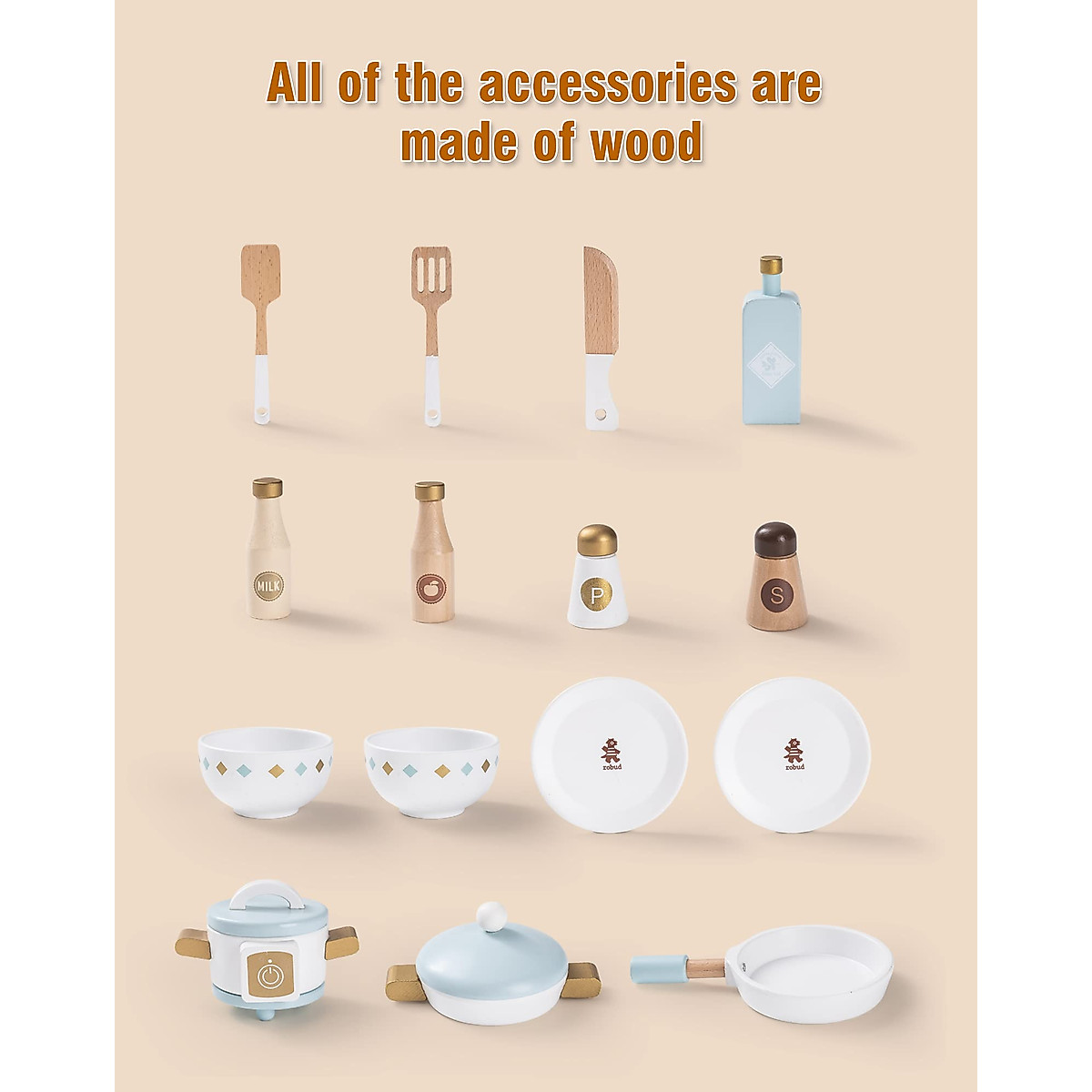 ROBUD Kids Kitchen Playset Wooden Kids Play Kitchen Set Pretend Play for Toddlers Boys Girls