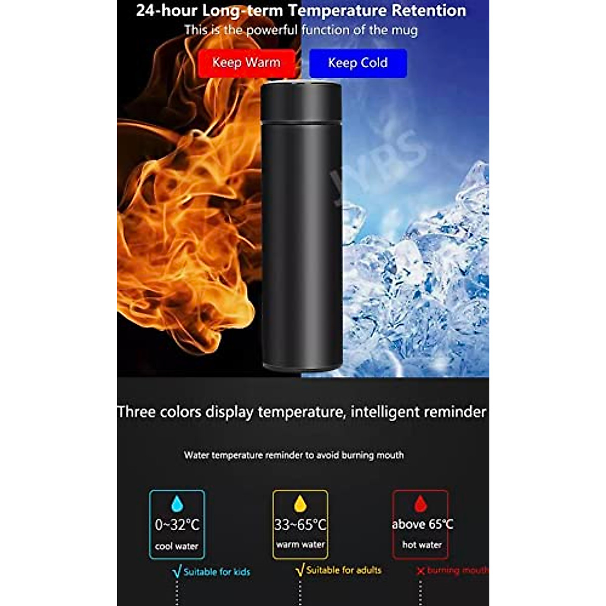 Thermos 2023 latest smart bottle LED display on lid. Smart Coffee bottle, Tea Infuser Bottle, Sports Water Bottle, Double Wall Vacuum Insulated Water Bottle, Stay Hot or Cold for 24 Hours (Black)