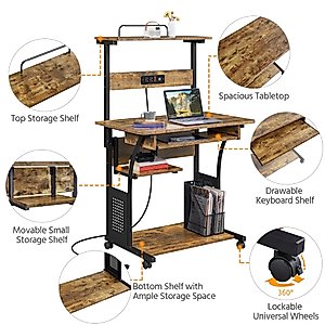 Topeakmart 3 Tiers Rolling Computer Desk with Power Outlet and USB Ports for Space Saving, Home Office Desk with Keyboard Tray and Printer Shelf on Wheels, Laptop PC Workstation Table, Rustic Brown