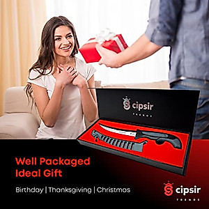 Meat and fish Fillet Knife - Curved salty water resistant german steel 7 inch blade with sheath, sharpener and gift box, ideal for filleting and deboning indoor or outdoor.