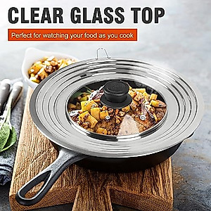 Universal Lid for Pots and Pans Skillets, Stainless Steel Pan Cover fit Fits 8.2-12.5 Inch Cookware, Large Replacement Frying Pan Cover, Cast Iron Skillet Pot Lids with Heat Resistant Knob