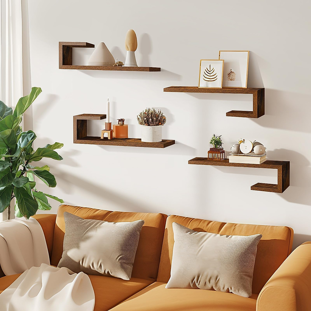 Golden State Art, Floating Shelves, 15.75 in, Brown, Set of 4, Modern Wall Shelves for Wall Decor, Living Room/Bedroom/Kitchen/Home Office, Floating Shelf for Home Storage