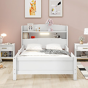 Bellemave Twin Bed Frame with Storage Headboard, White - Solid Wood Kids Bed with Built-in LED Light, Guardrail & Slats - 87L x 43W x 31.2H inches - Includes Tools for Assembly