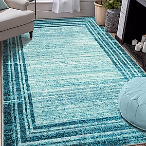 Lahome Abstract Teal Bedroom Rug 8x10,Washable Modern 8x10 Area Rugs for Living Room Non-Slip,Low-Pile Soft Dining Room Carpet Minimalist Bordered Rug Indoor Large
