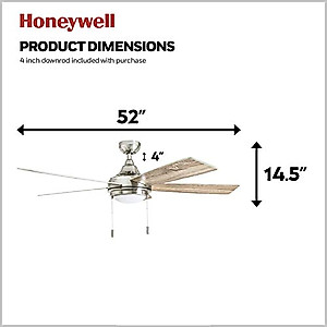 Honeywell Ceiling Fans Ventnor 52-in Indoor Fan - LED Ceiling Fan with Light and Pull Chain - Farmhouse Style Room Fan with Dual Finish Blades - Model 50204 (Brushed Nickel)