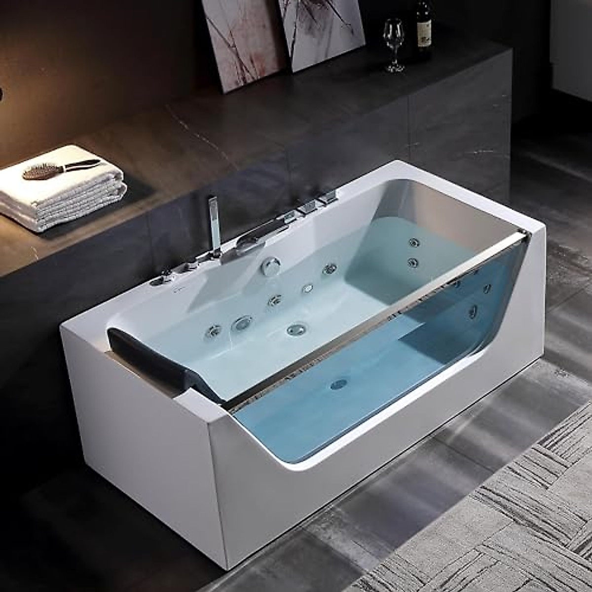 Empava 59 in. Acrylic Alcove Whirlpool Bathtub - Hydromassage Rectangular Jetted Soaking Tub with Center Drain - Waterfall Faucet