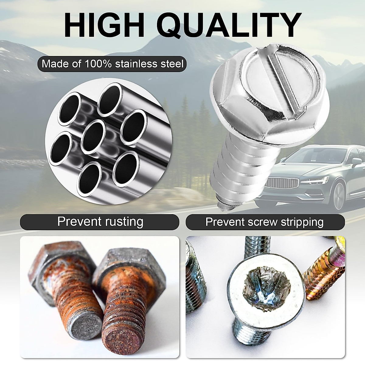 LivTee Rustproof License Plate Screws for Securing License Plates Frames and Covers on Cars and Trucks, 4 Sets Premium Stainless Steel Self Tapping Mounting Bolts, Silver