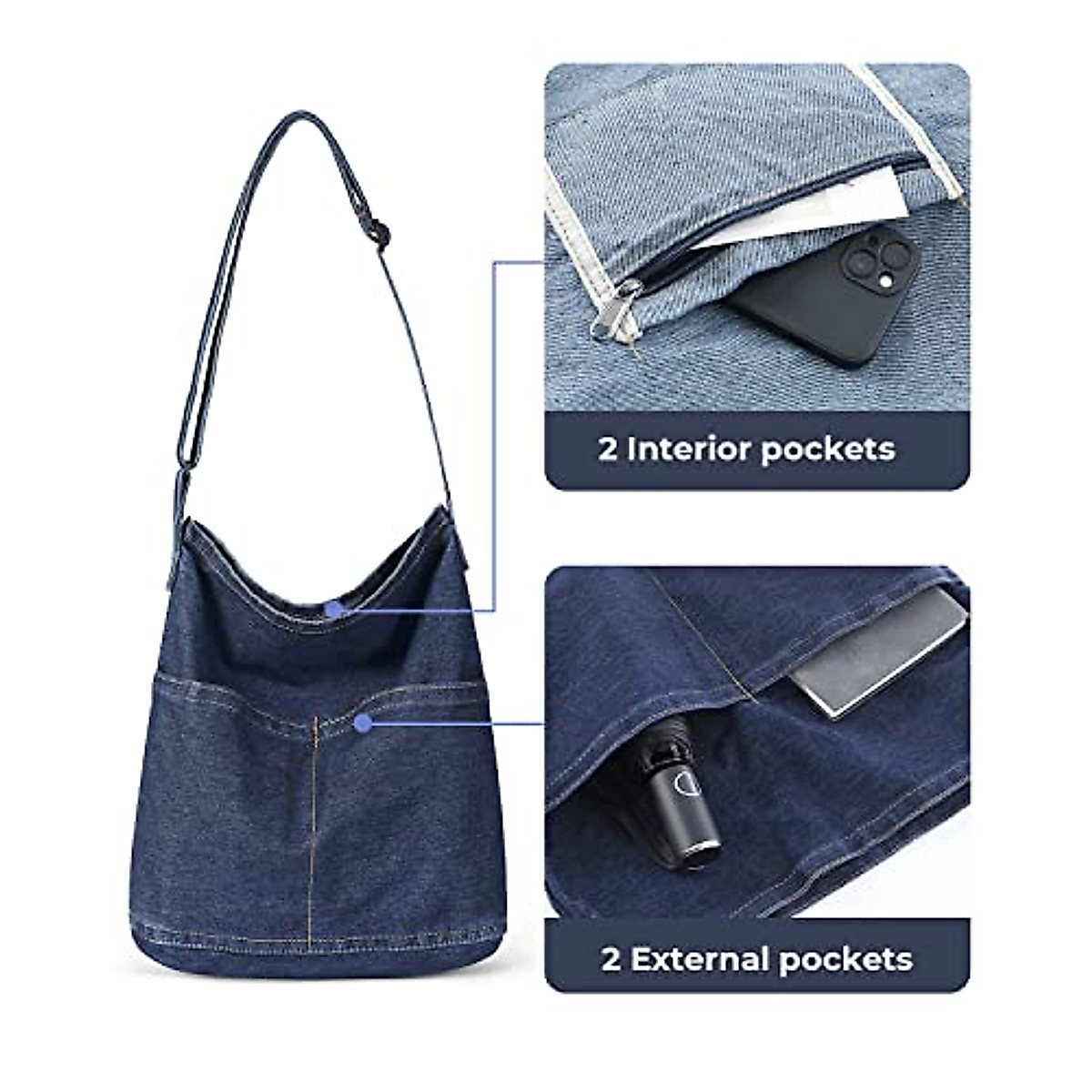 Denim Shoulder Bag for Women Hobo Tote Bag, Canvas Messenger Bag Large Crossbody Handbag, Jean Bag for Travel Work School