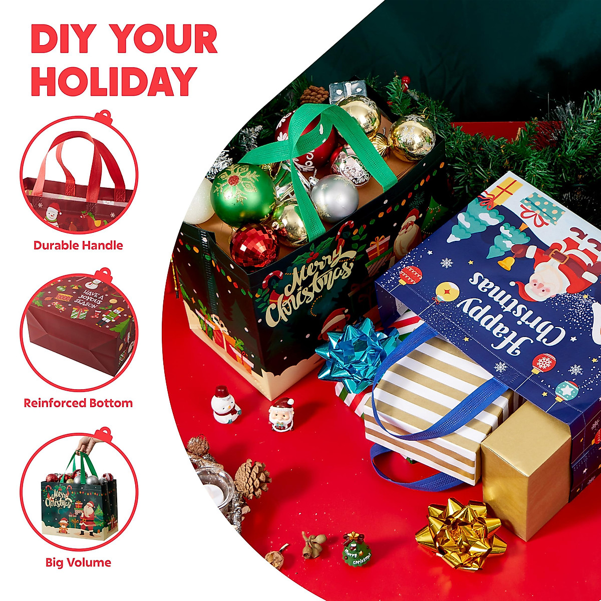 JOYIN Christmas 12 PCS Tote Bags Large Size 12.8"*9.8" Gift Bags for Xmas Party. Holiday Reusable Grocery Bags Bulk With Handles as Goodie Bags, Party Supplies Bags, Party Favor Shopping Bags.