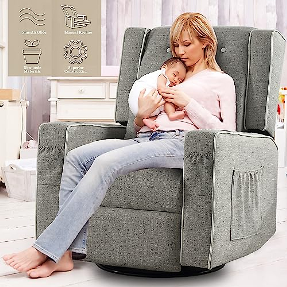 OPRISEN 360° Manual Swivel Recliner Swivel Rocker Recliner Chair for Nursery Overstuffed Wingback Glider Chair w/Side Pockets/Cup Holders (Beige)
