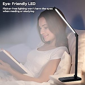 Kitys Fatch LED Touch Sensing Desk Lamp with USB Charging Port, 5 Lighting Modes, 5 Levels of Brightness, 30/60 Minutes Auto Timer, Foldable Desk Lamp for Bedroom, Study Room, (Black)