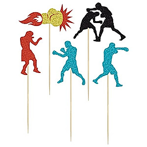 Gyufise 25 Pack Boxing Player Cupcake Toppers Black Red Blue Glitter Boxing Gloves Boxer Cupcake Picks Boxer Gym Theme Baby Shower Birthday Party Cake Decorations Supplies