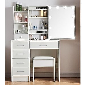Makeup Vanity Set with Lights & Mirror, Large Vanity Table with Storage Drawers & Stool, Bedroom Dresser Desk Dressing Table for Girls Women (Modern)
