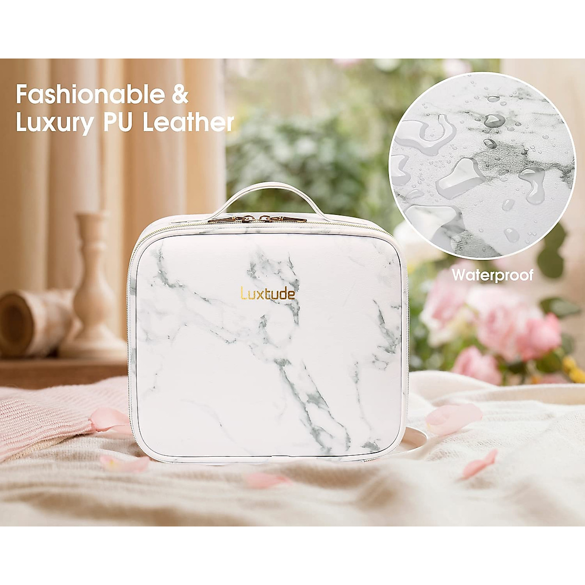 Luxtude Travel Makeup Bag Organizer Large Makeup Train Case Leather Cosmetic Case Organizer Portable Artist Storage Bag with Adjustable Dividers for Women Cosmetics Brushes Toiletry etc. (Marble)