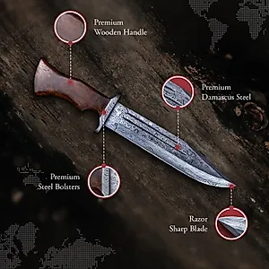 Morf Steelware Handmade Damascus Bowie Knife, 14.5 inch Camping & Hunting Damascus Knife, Fixed Blade Hand Forged Hiking Knife, Damascus Steel Survival Knife with Leather Sheath