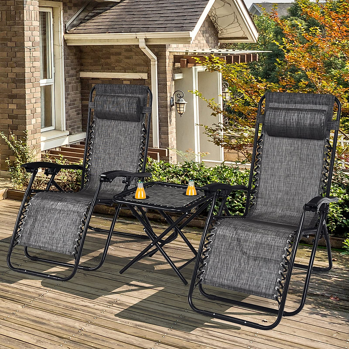 HAPPYGRILL Zero Gravity Lounge Chairs Set with Coffee Table, Folding Reclining Chairs with Side Table and Pillow, 3 Pieces Adjustable Patio Lawn Recliner Set for Outdoor Garden Camp Travel