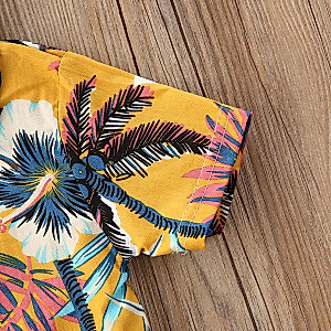 QWEP Toddler Baby Boys Summer Shorts Set Floral Outfits Button Down Shirt Top Bermuda Shorts Hawaiian Clothes 2 PCS (01 Floral Boys Shorts Coconut Yellow, 2-3T)