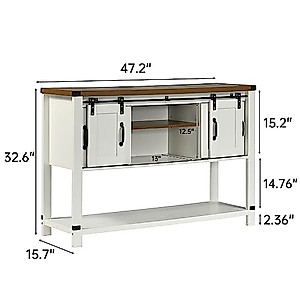 Farmhouse Coffee Bar Cabinet, 47’’ Kitchen Coffee Bar Table, White Coffee Buffet Cabinet with Sliding Barn Door, Entryway Table with Metal Mesh Doors, Bottom Open Storage Shelf, Living Dining Room