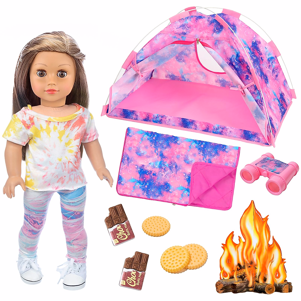 ZITA ELEMENT 11 Items 18 Inch Doll Accessories Camping Tent Set - Including Doll Camping Tent Clothes Set Binoculars Campfire Chocolate Compressed Biscuit