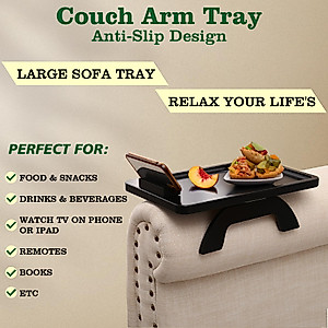 BAMBOOTRAY Couch Arm Table,Sofa Clip on Tray for Armrest Tray with Phone Holder,Couch Table for Living Room Bedroom (Large Black, 15.3" D x 9.8" W x 1.7" H)