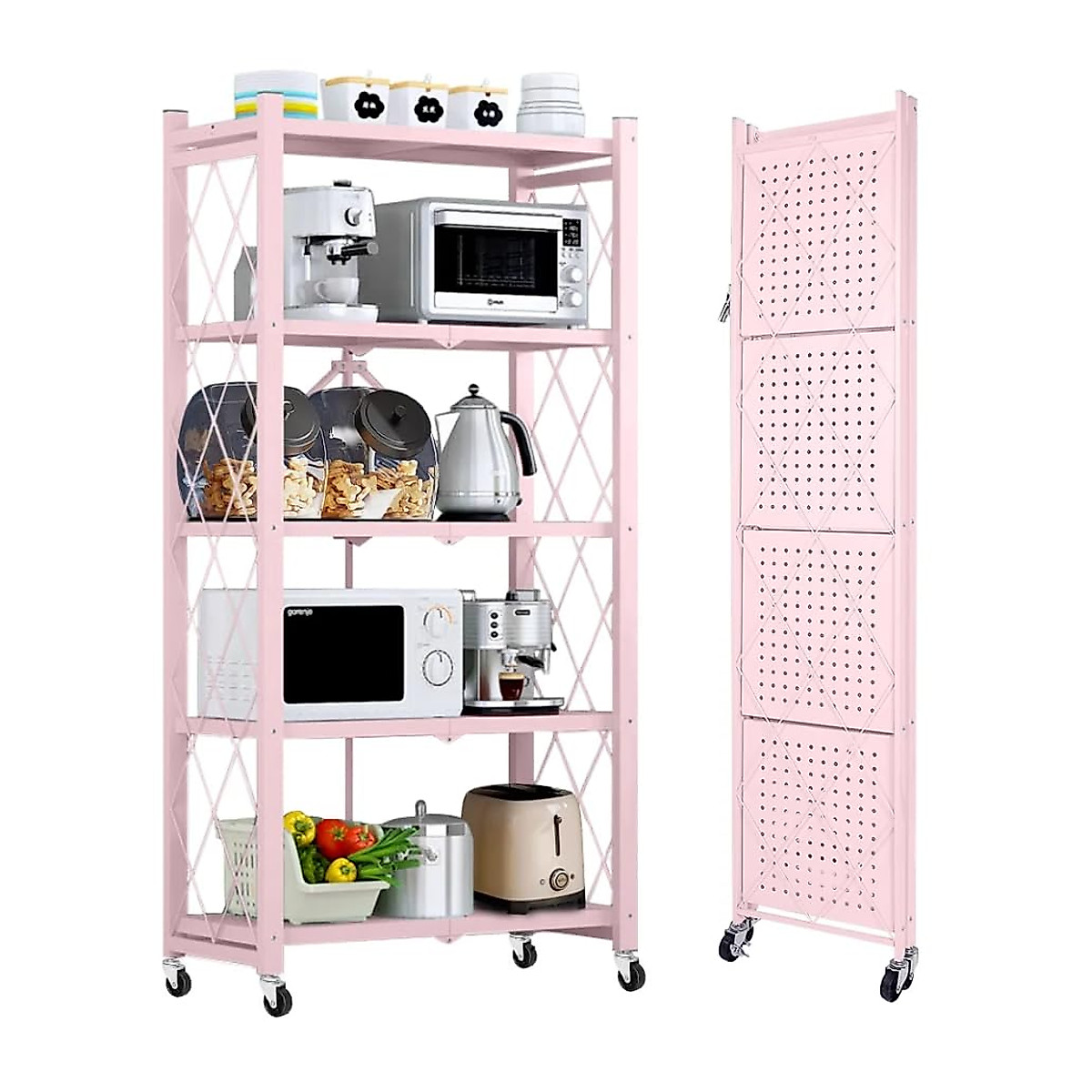 AZEITE 5-Tier Storage Shelving Unit, Heavy Duty Metal Shelf 27.9"x13.4"x62.5, Foldable Storage Shelf with Wheels, Garage Shelf, Kitchen Shelf with 4 Hooks, No Assemble Require（Pink）