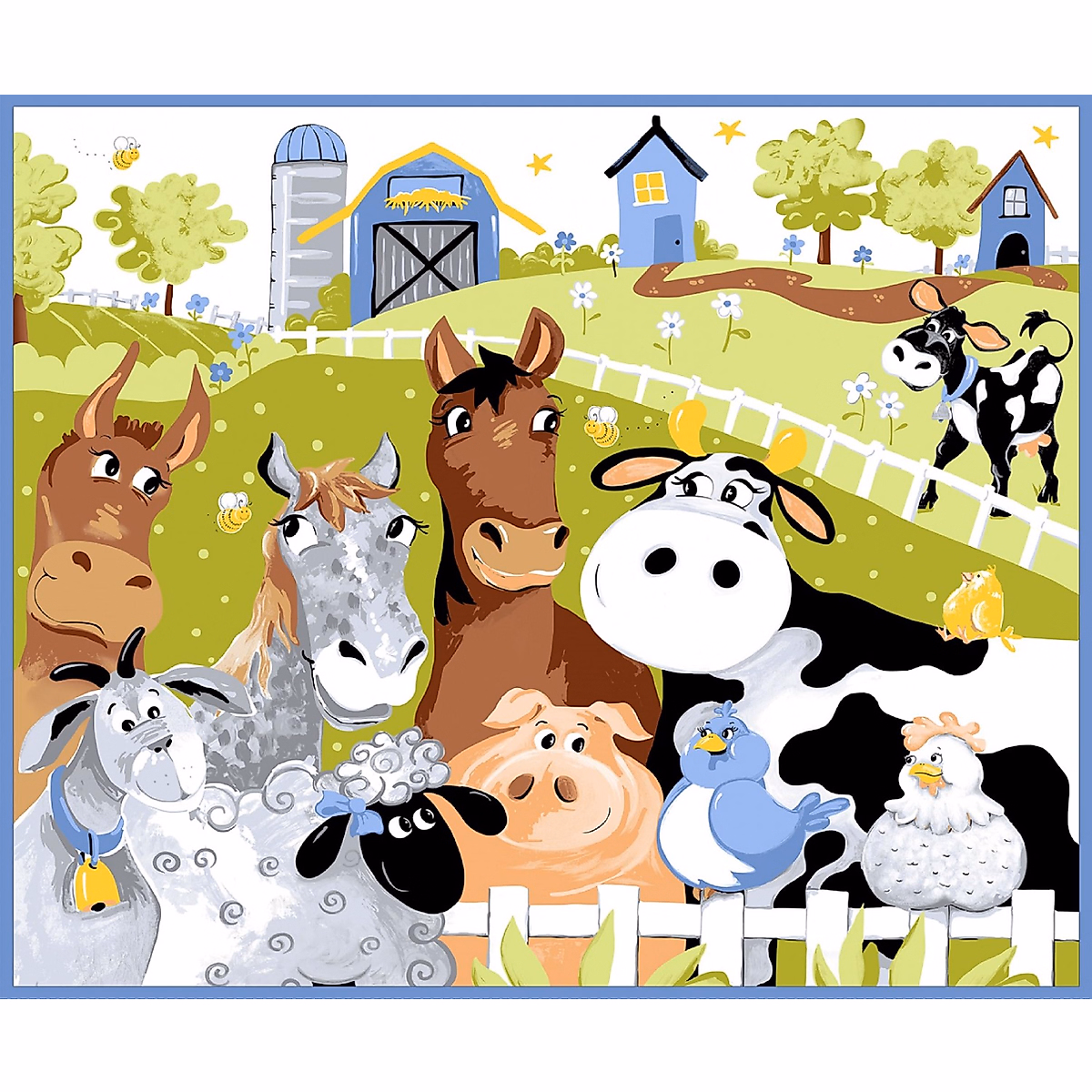 Generic Susybee's Barnyard Blues Panel Print Cotton Fabric, Blue