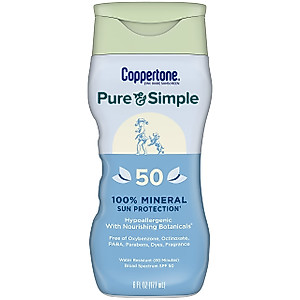 Coppertone Pure and Simple Sunscreen Lotion, SPF 50 Broad Spectrum Sunscreen with Zinc Oxide, 6 Oz, Pack of 2