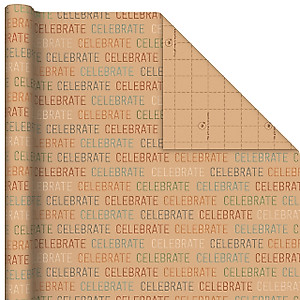 Hallmark Recyclable Wrapping Paper with Cutlines on Reverse (3 Rolls: 60 sq. ft. ttl) Rainbow Stripes, Celebrate, Stars on Kraft Brown for Birthdays, Graduations, Kids Parties