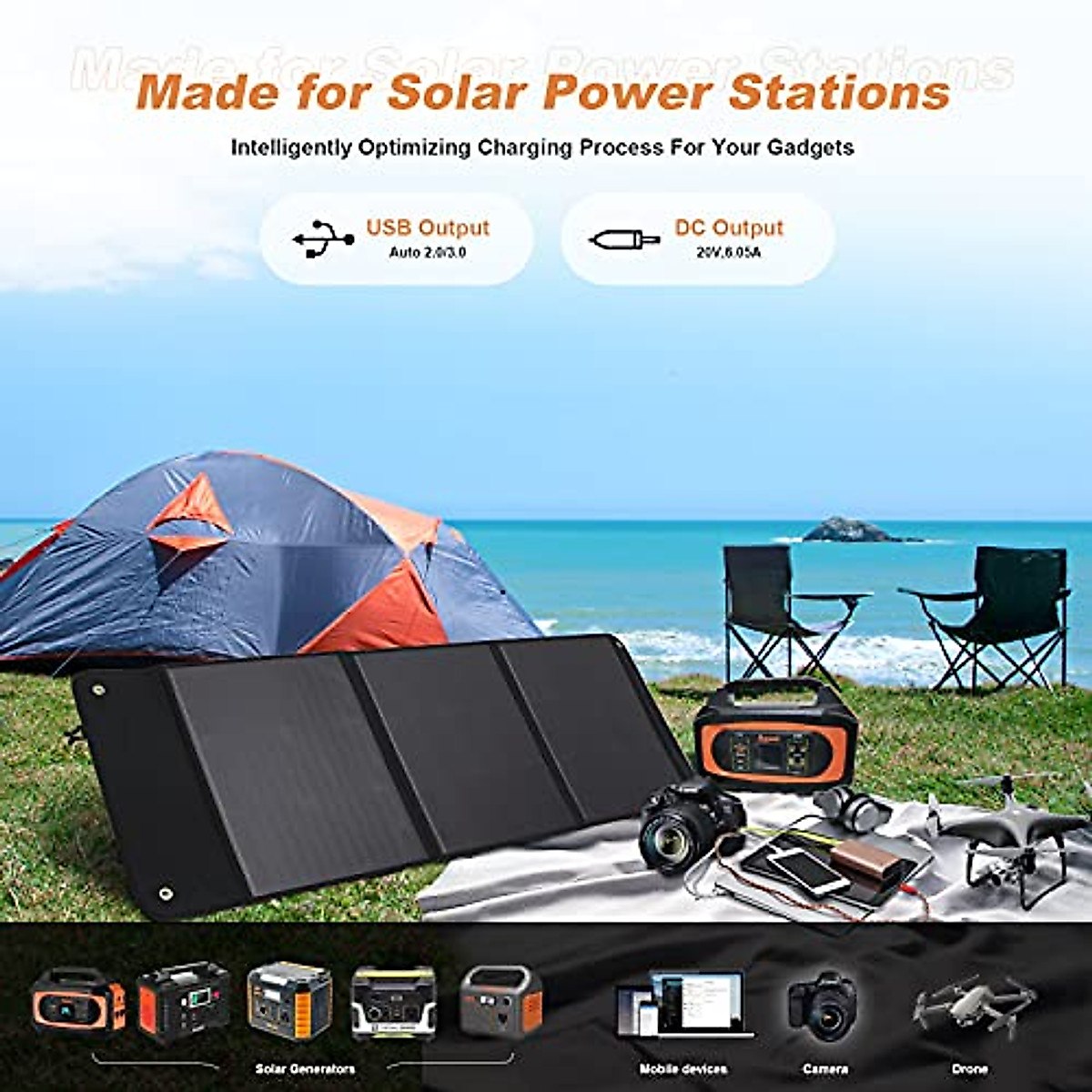 Aguei Upgrade 120W Foldable Solar Panel Monocrystalline for Portable Power Station Solar Generator Solar Charger 12V Battery with Auto 2.0/3.0 USB, for Outdoor RV Camper Off Grid Solar Power Backup