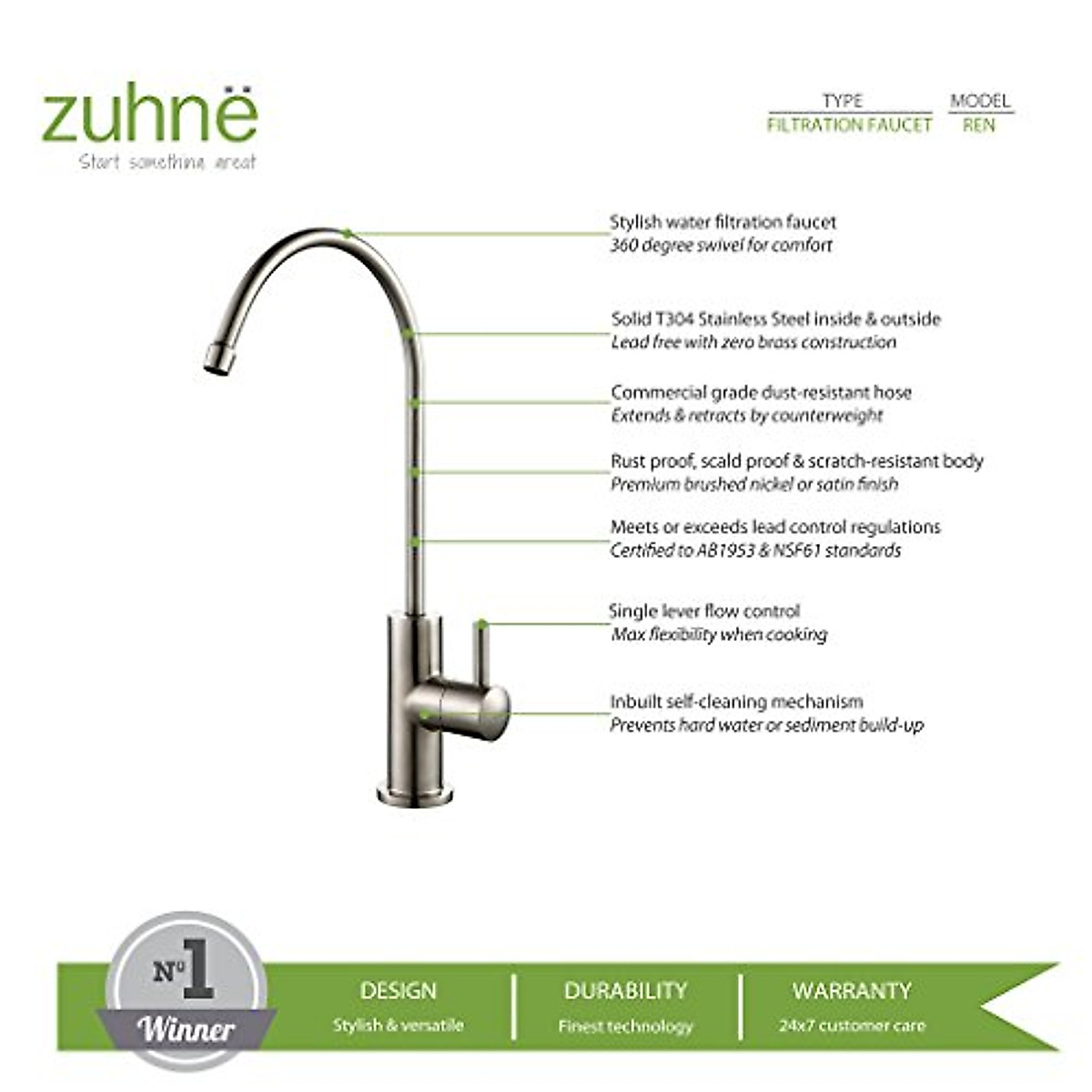 Zuhne Food Grade Stainless Steel RO Compatible Single Lever Water Filtration Faucet