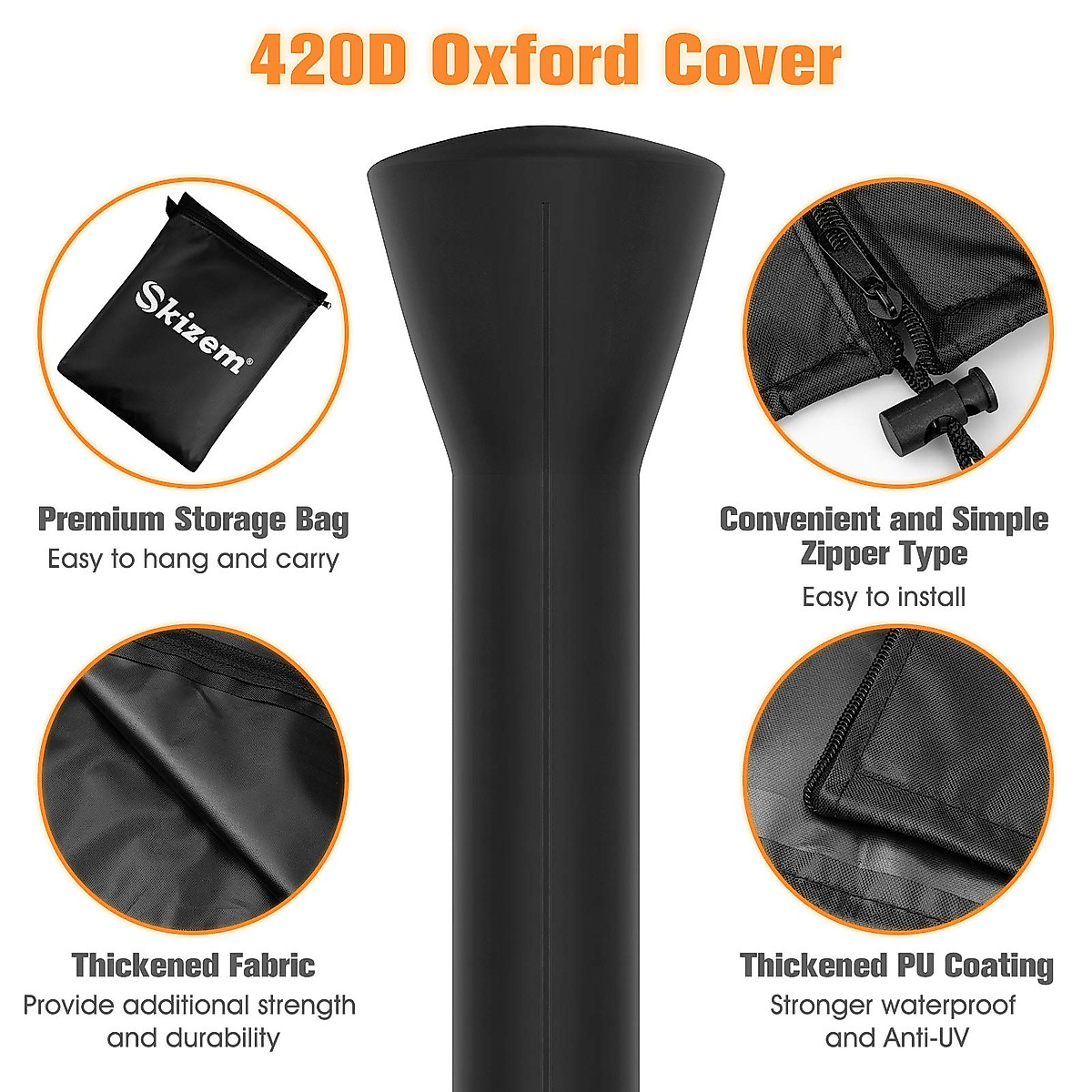Skizem Outdoor Patio Heater Covers with Zipper,Upgraded 420D Oxford Fabric with PU Coating Material,100% Waterproof Windproof Anti-UV Snow-Poof,36 Months of Use (89'' H x 33" D x 19" B)