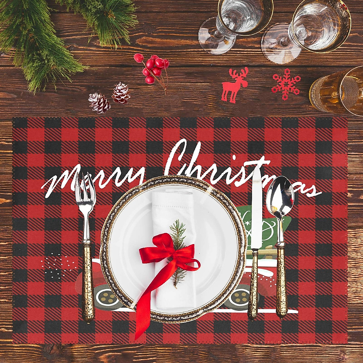 visesunny Merry Christmas Red Buffalo Plaid Truck Placemat Set of 4 Table Mat Desktop Decoration Placemats Non Slip Stain Heat Resistant 12x18 in for Dining Home Kitchen Indoor