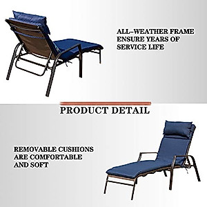 Festival Depot 3 Pieces Outdoor Patio Chaise Lounge Adjustable Back Chairs Set of 2 Chairs and 1 Bistro Table for Pool Garden Backyard with Removable Cushions (Blue)