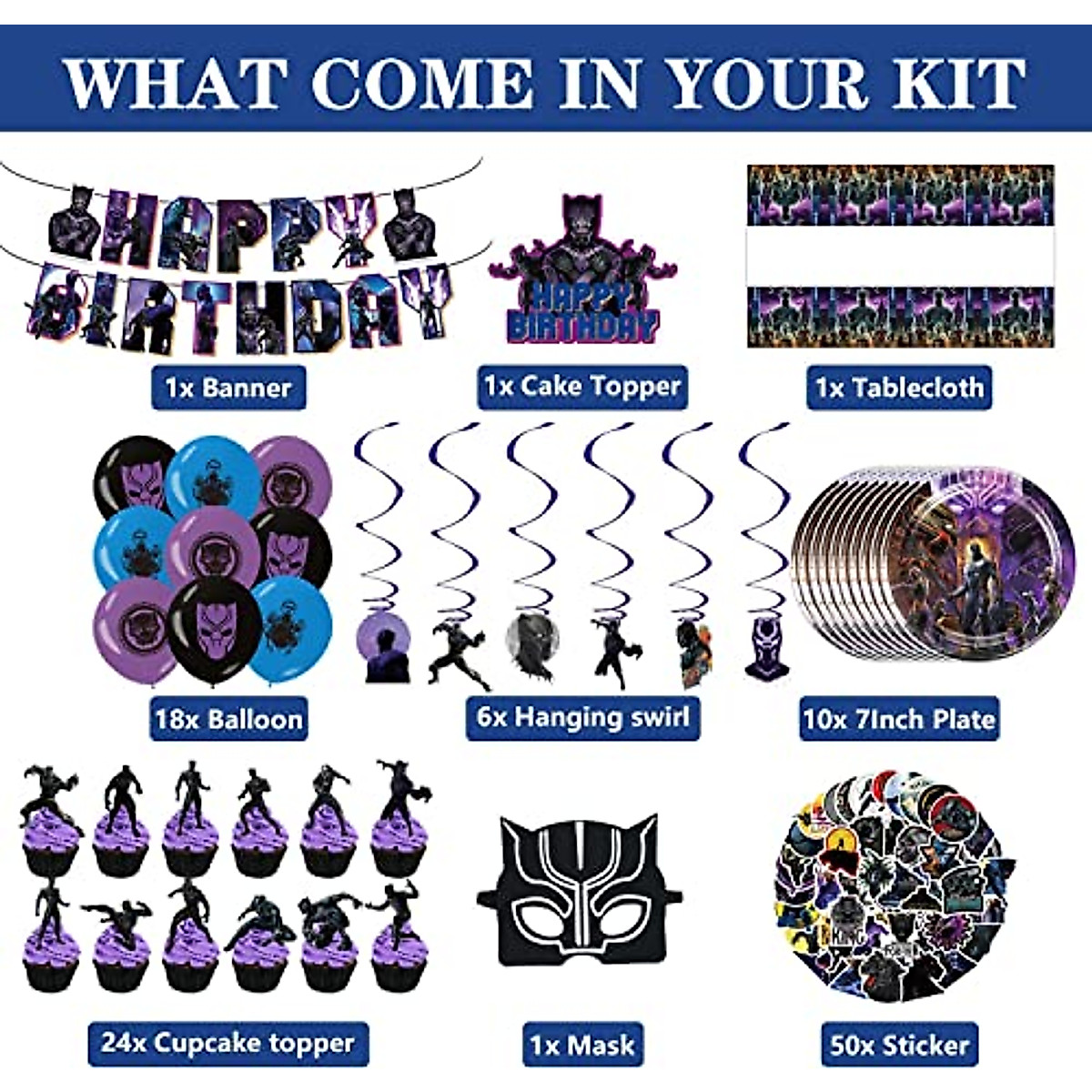 Black Party Supplies for Boys, Movies Theme Party Decorations Include Happy Birthday Banner, Hanging Swirls, Balloons, Cake Toppers, Cupcake Toppers, Sticker, Eye Mask, Tablecloth, Plate, Movies Themed Party Favor for Kids Fans