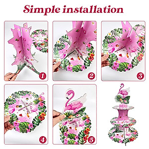 Rainmae 3 Tier Pink Flamingo Cupcake Stand, Hawaiian Theme Cupcake Holder, Luau Aloha Cake Holder Decorations, Dessert Tower Tropical Supplies Baby Shower for Summer Pool Beach Birthday Party Supplies