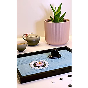 Oasis of Calm Zen Garden Kit. 11x8 Beautiful Premium Japanese Decor Mini Rock Garden Meditation Gifts Set. Home, Office Desk Accessories. Zen Decor Zen Sand Garden. Aqua Blue Sand, 6 Tools, 6 Feature