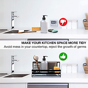 ANDRSAN Kitchen Sink Caddy with Removable Drain Tray, Kitchen Countertop Sink Organizer for Sponges, Dishcloth, Soap Bottle, Brushes and Sink Stopper, Sponge Holder for Kitchen Sink, Black