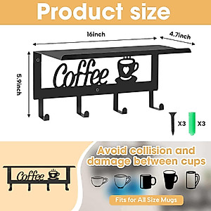 ArtHue Coffee Mug Holder Wall Mounted, Black Metal Coffee Cup Holder with 4 Hooks, Mug Rack Wall Mounted with Storage Shelf for Coffee Bar, Kitchen, Office, Farmhouse, Home Décor