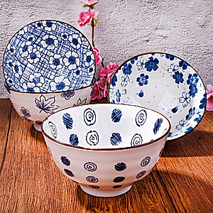 LMRLCS Ceramic Rice Bowls, 4.5 inch Rice Bowl, White and Blue Rice Bowls for Soup Oat Rice Snack