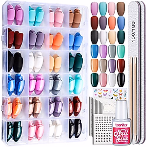 Coffin Shape Press On Nails Set, Teenitor 24 Packs 576PCS Matte Short Coffin Glue On Nails Medium Length, 12 Colors Coffin , 12 Colors Glossy Press On Coffin Nails, Reusable, Nail Adhesive Tabs, Nail Stickers Rhinestone